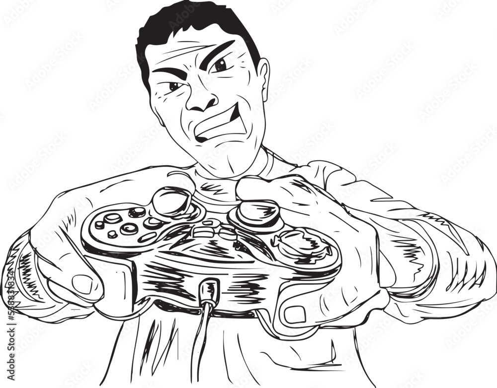 A drawing of a video game player holding a remote in a funny cartoon ...