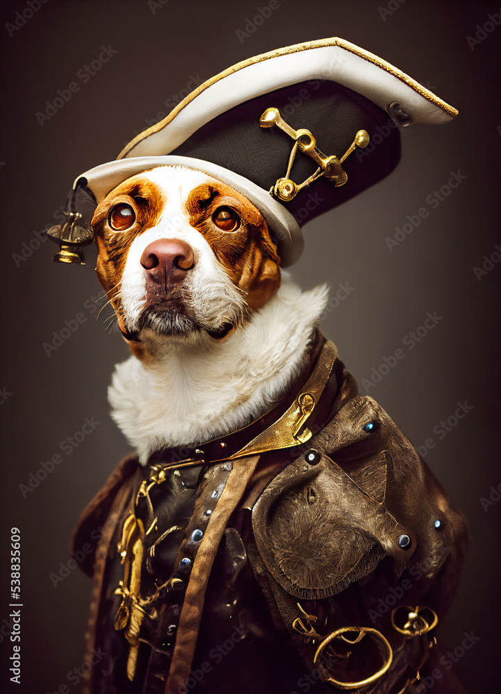 Dog in disguise with pirate captain costume, portrait with studio ...