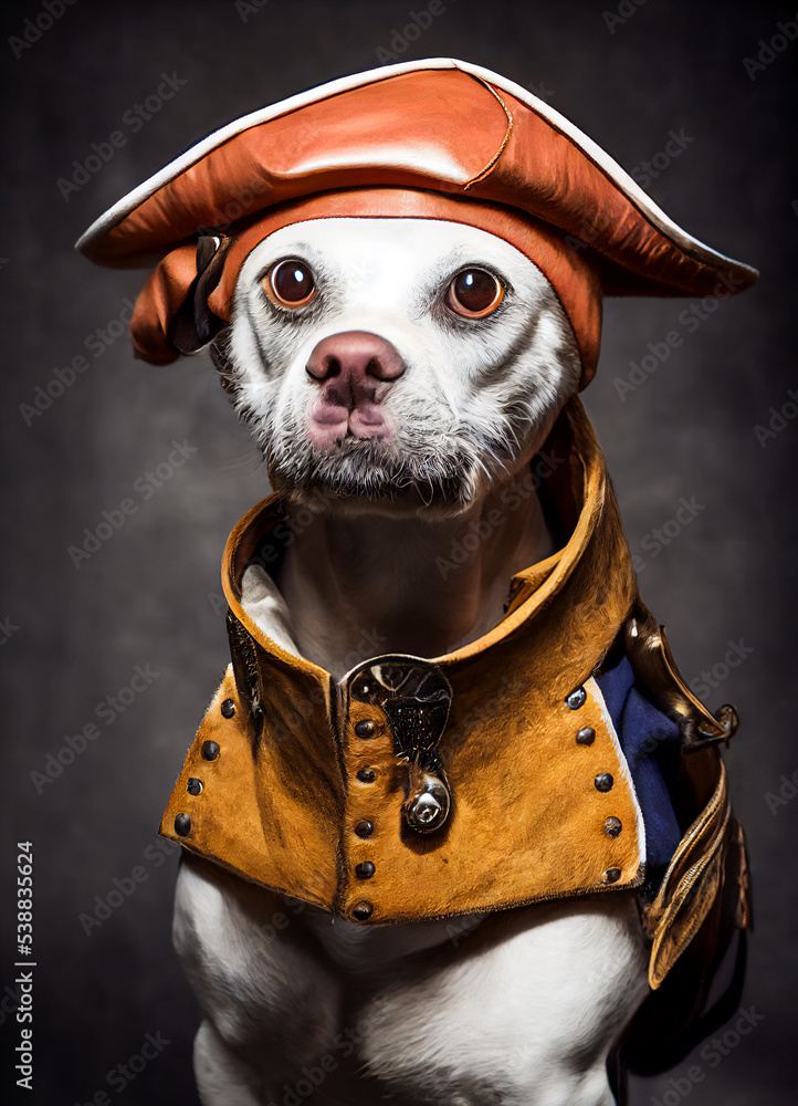 Dog dressed up with pirate captain costume, portrait with studio ...