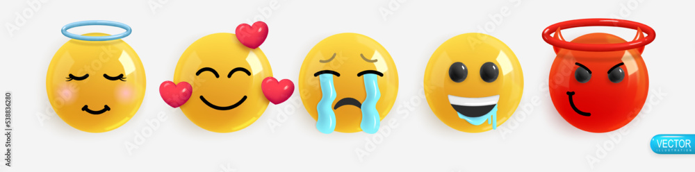 Emotion Realistic 3d Render. Set Icon Smile Emoji. Vector yellow glossy ...