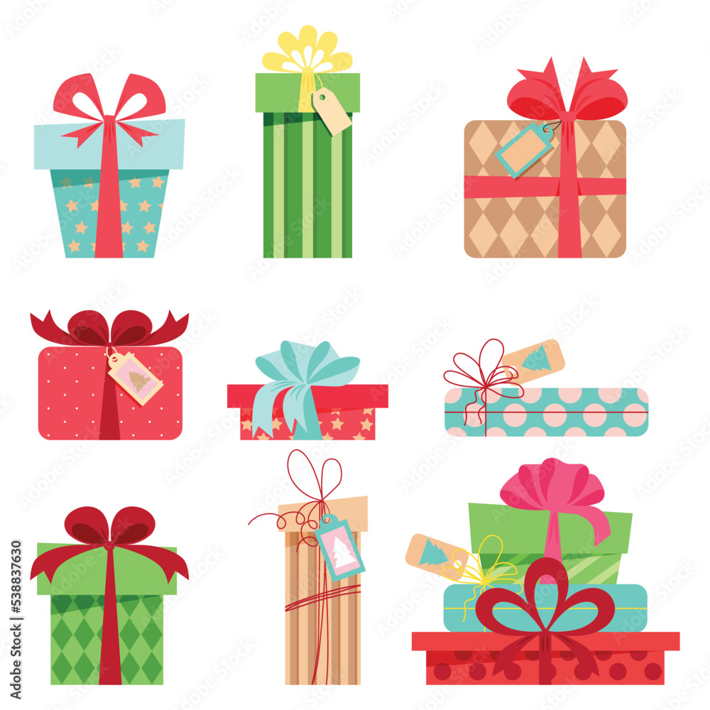 Cartoon set of colored gift boxes, individually. cut object. Birthday ...