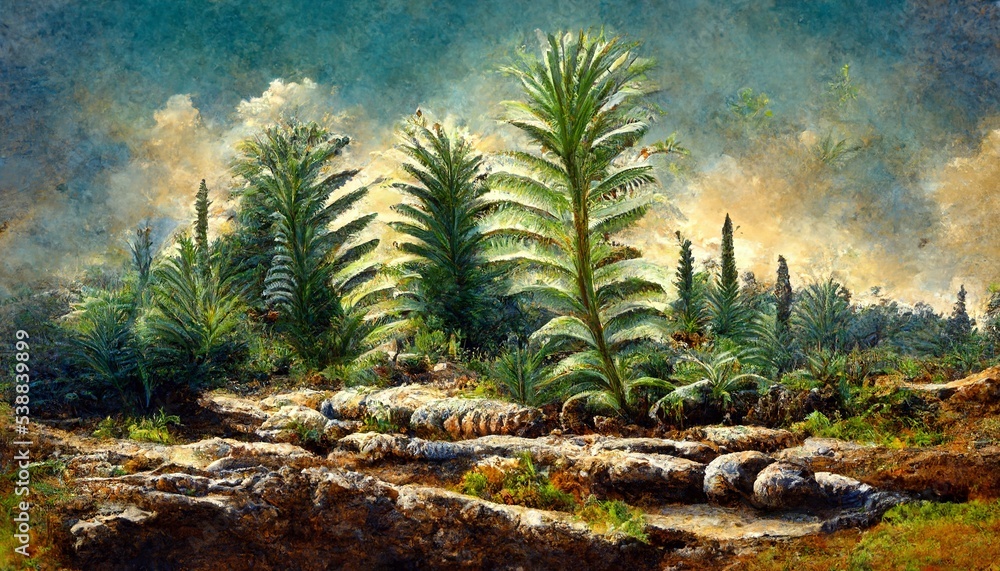 Prehistoric landscape of flora and fauna from jurassic era with ancient ...