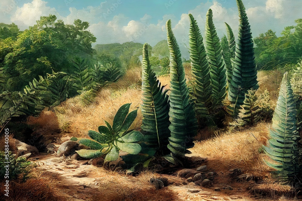 Prehistoric Landscape Of Flora And Fauna From Jurassic Era With Fern Plants Stock Illustration