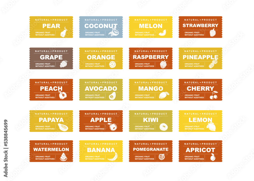 Fruits and berries abstract stickers and labels. Different color ...