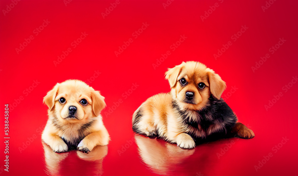 Sad and abused puppies, red background, against animal abuse, 3d ...
