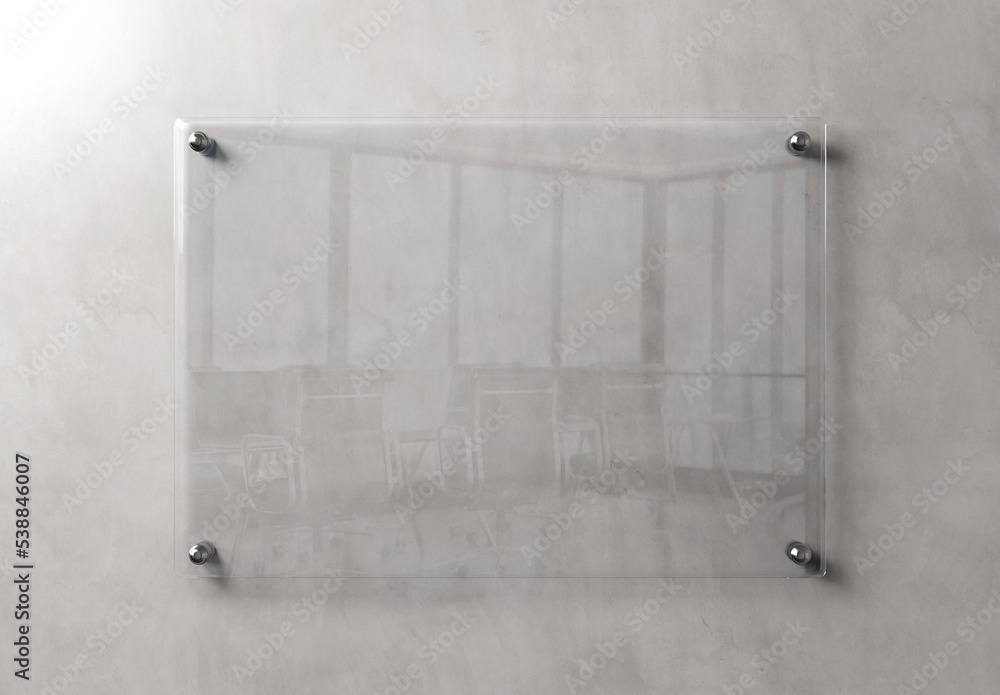 Transparent glass sign plate on wall mockup. Template of a blank ...