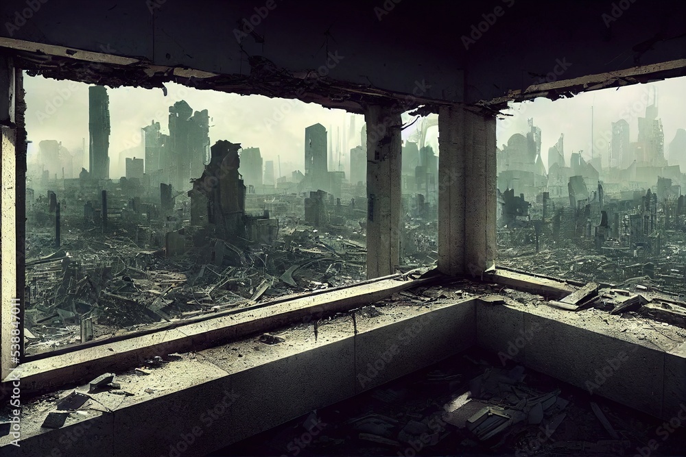 A post-apocalyptic ruined city. Destroyed buildings, destroyed roads ...