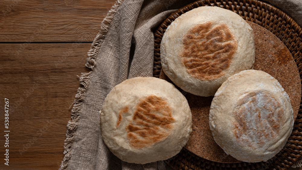 Traditional Portuguese flat circular bread Bolo Do Caco with copy space ...