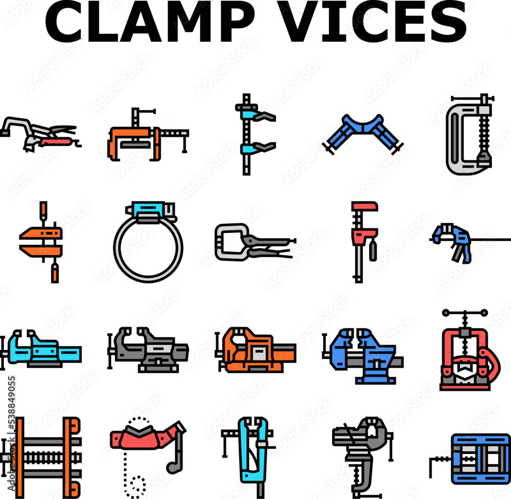 clamp vice grip tool metal icons set vector. equipment vise, steel ...