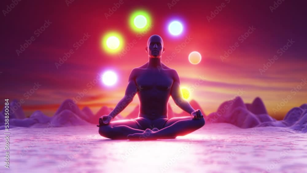 Human meditating in lotus position at dawn. Colored chakras. Yoga, zen ...
