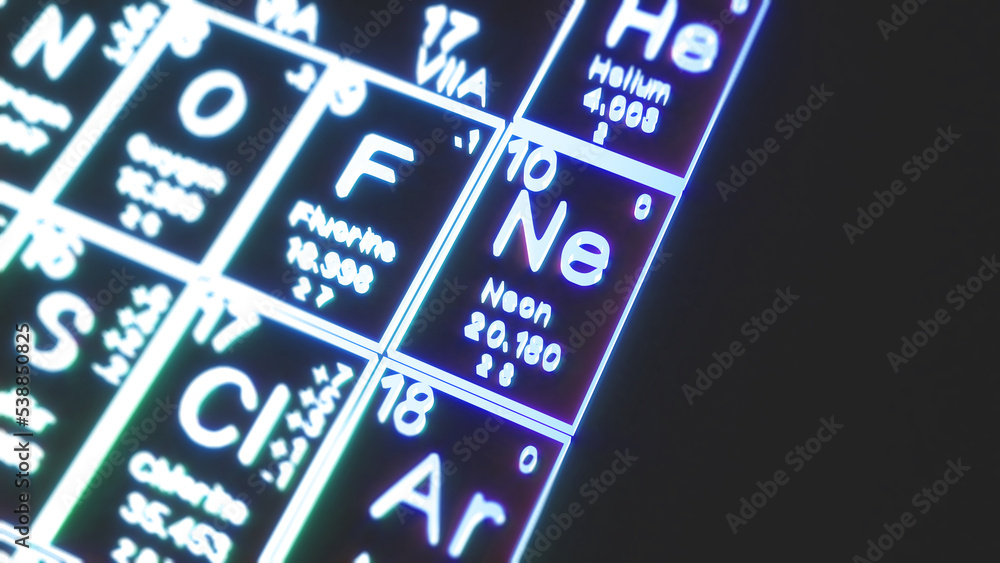 Neon on the periodic table of the elements on black blackground,history ...