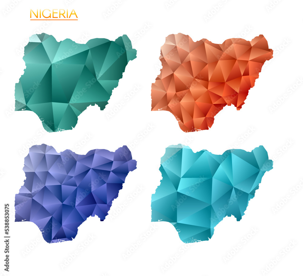 Vetor de Set of vector polygonal maps of Nigeria. Bright gradient map ...