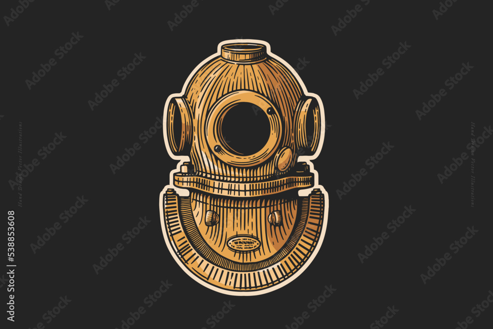 Sticker with diver's helmet in engraved style. Diving vintage symbol ...