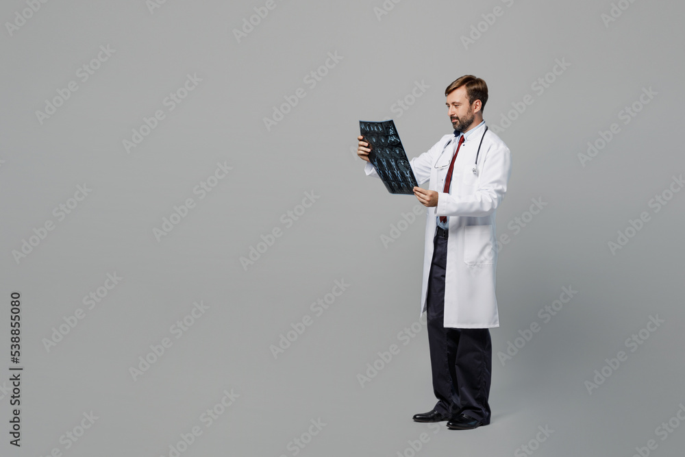 Full body male doctor man wear white medical gown suit work in hospital ...