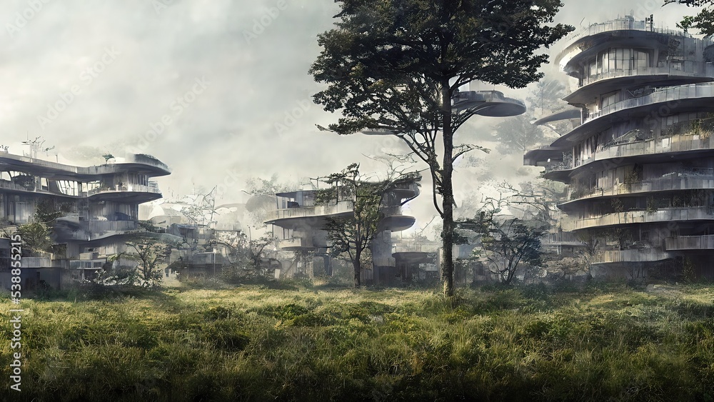 Architecture of the future, a ruined city overgrown with greenery ...