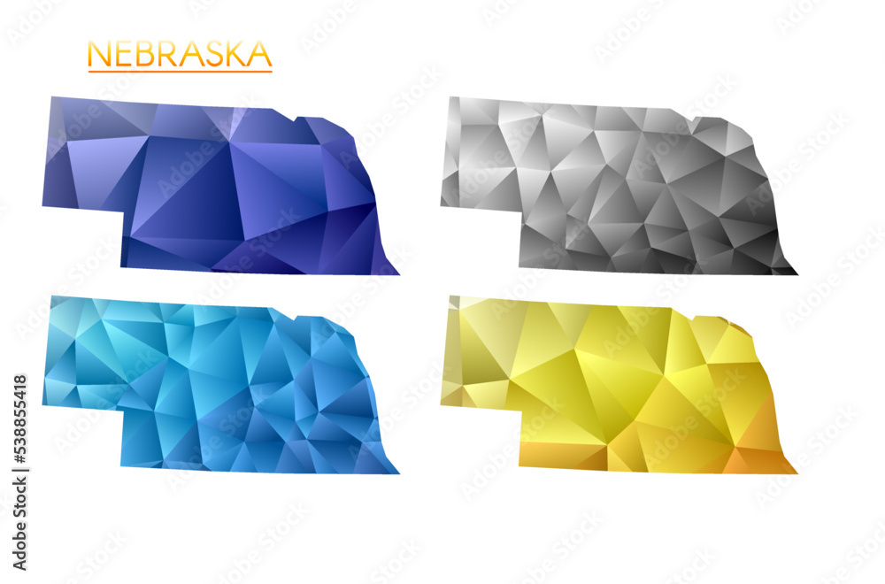 Set of vector polygonal maps of Nebraska. Bright gradient map of us ...