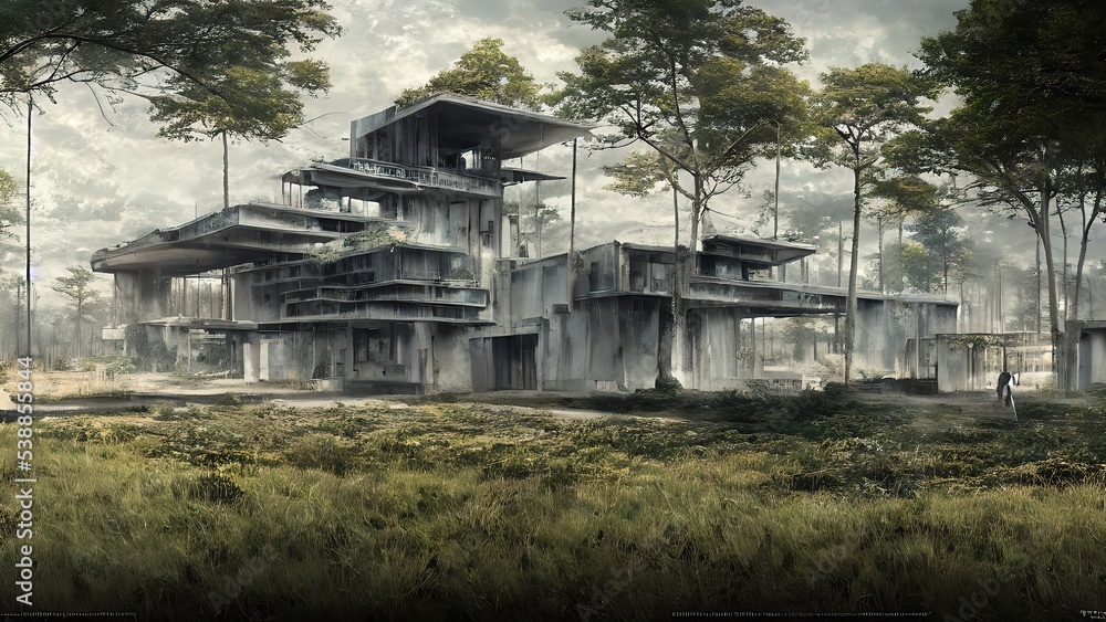 Architecture of the future, a ruined city overgrown with greenery ...