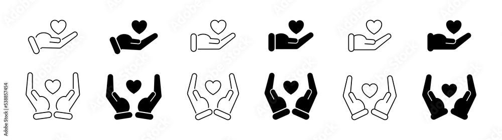 Vetor de Hand holding heart icon set. Hand with heart. Friendship icons ...
