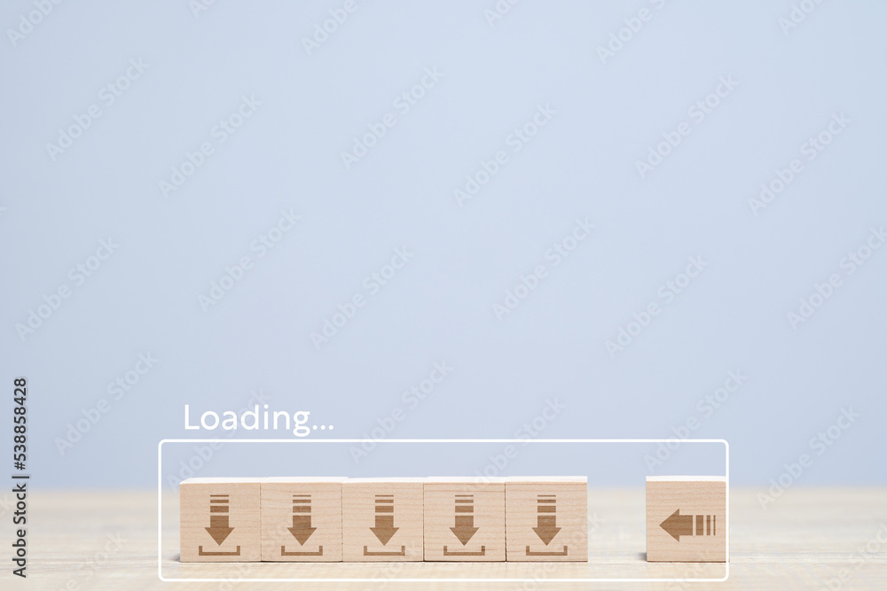 loading bar with wood cube on background. Wooden blocks with the word ...