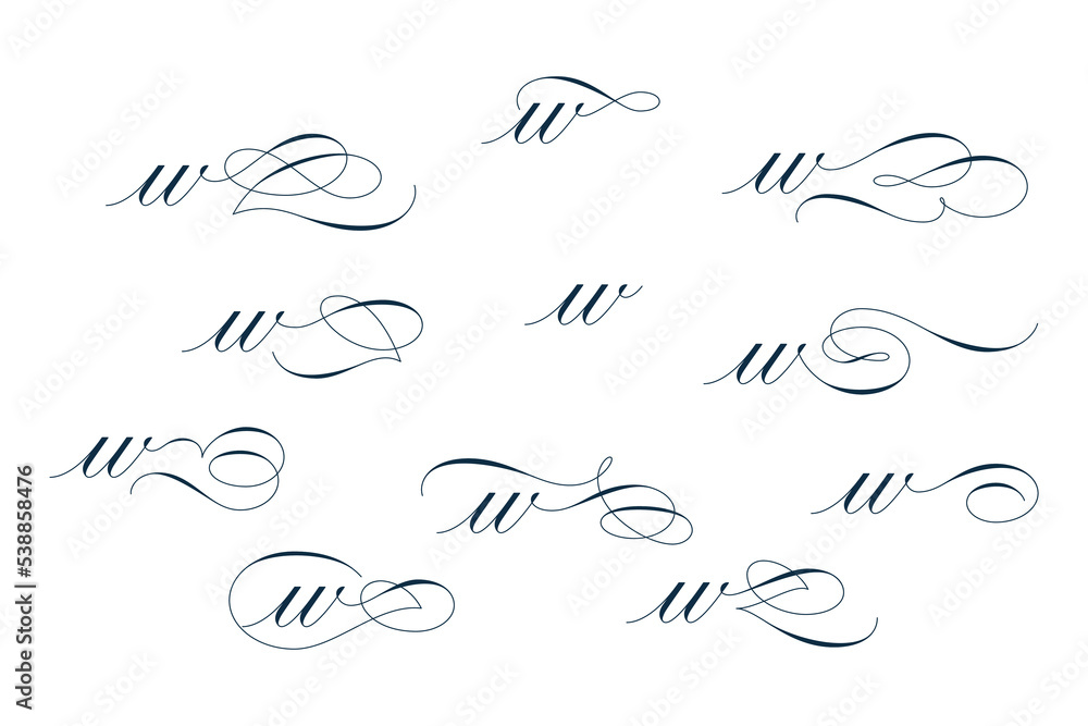 Set of beautiful calligraphic flourishes on letter w isolated on white ...