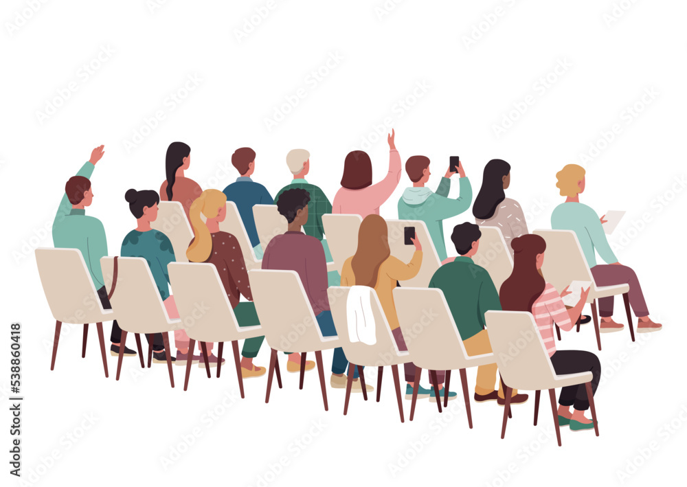 Group of people sitting. Men and women on white chairs. Crowd in cinema ...