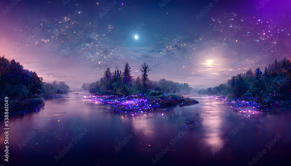 magical night river landscape with bioluminescent blue water, purple ...