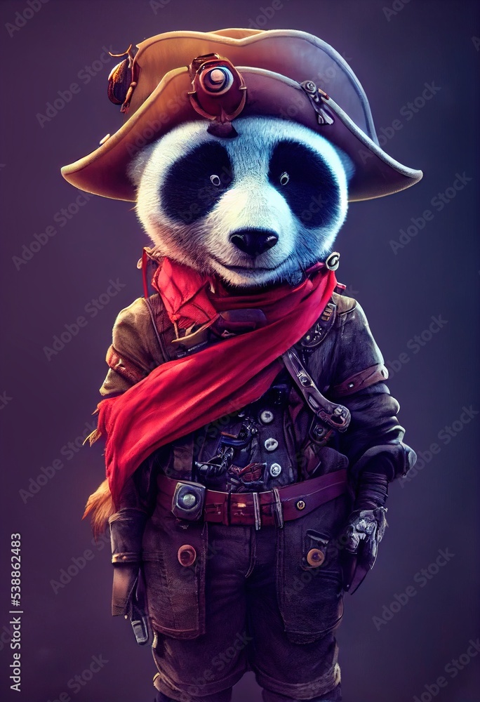 Portrait of a brutal panda pirate. Medieval pirate panda in a vintage ...
