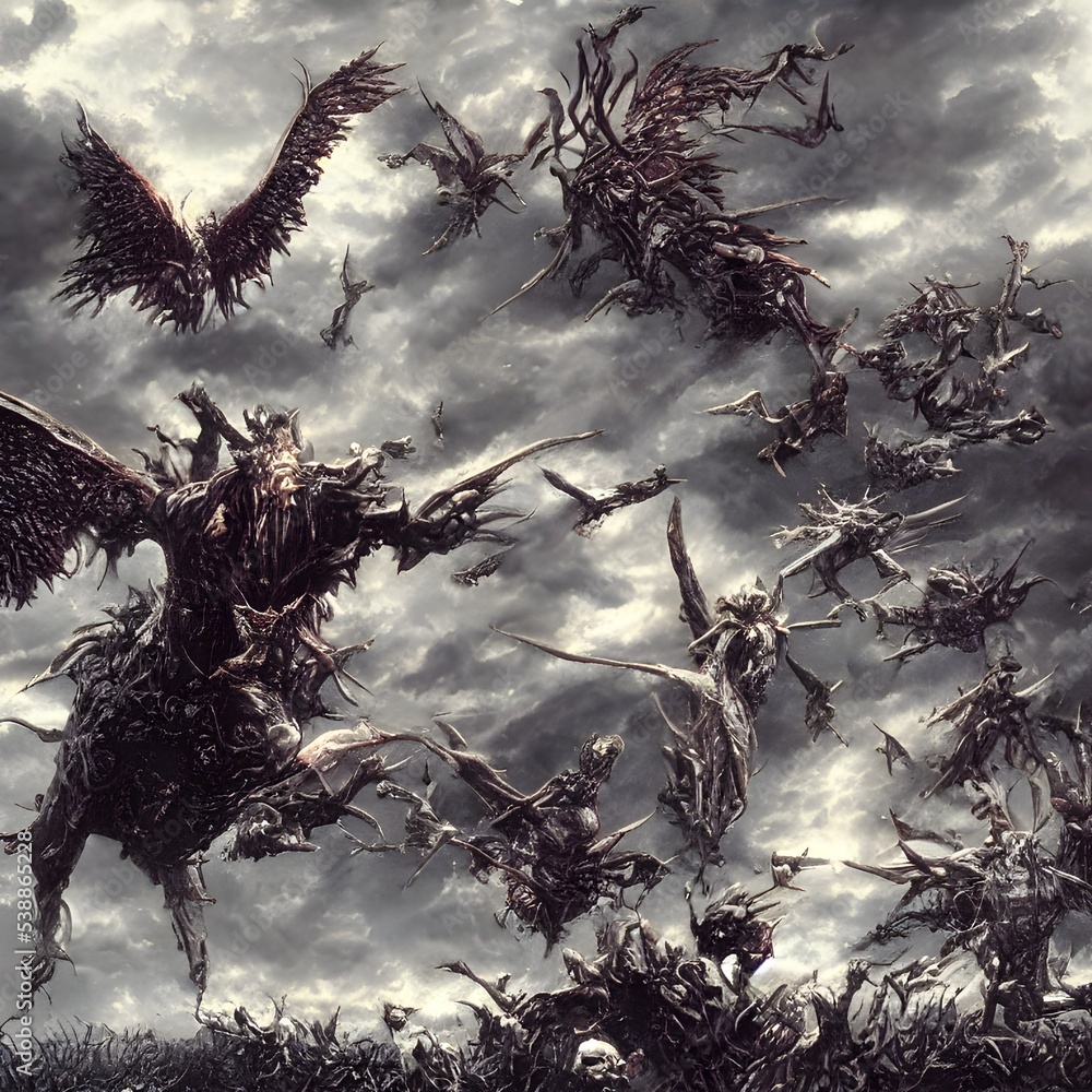 Surrealist style AI painting of winged alien like angels in fight, very ...