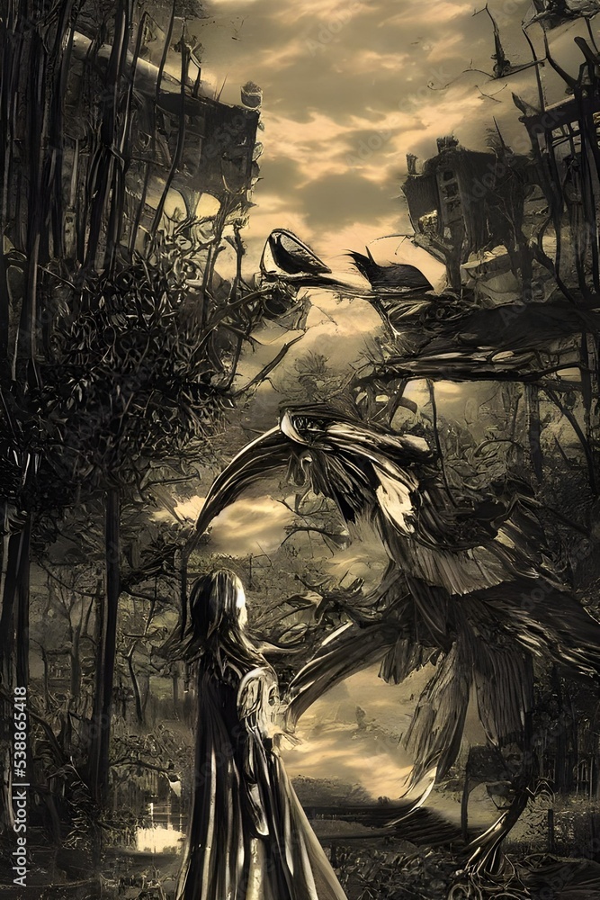 Surrealist style AI painting of winged alien like angels in fight, very ...