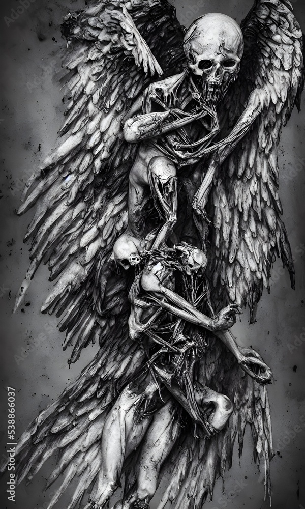 Monster alien angel, blood and gore, wings broken and bleeding ...