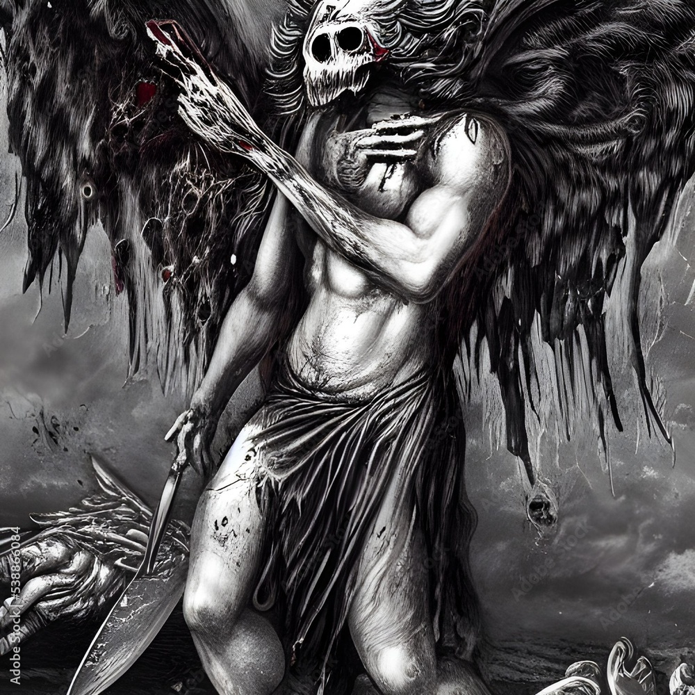 Monster alien angel, blood and gore, wings broken and bleeding ...