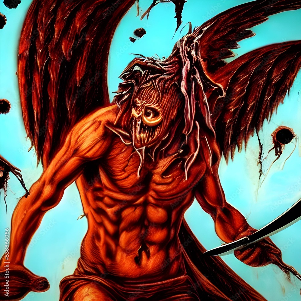 Monster alien angel, blood and gore, wings broken and bleeding ...