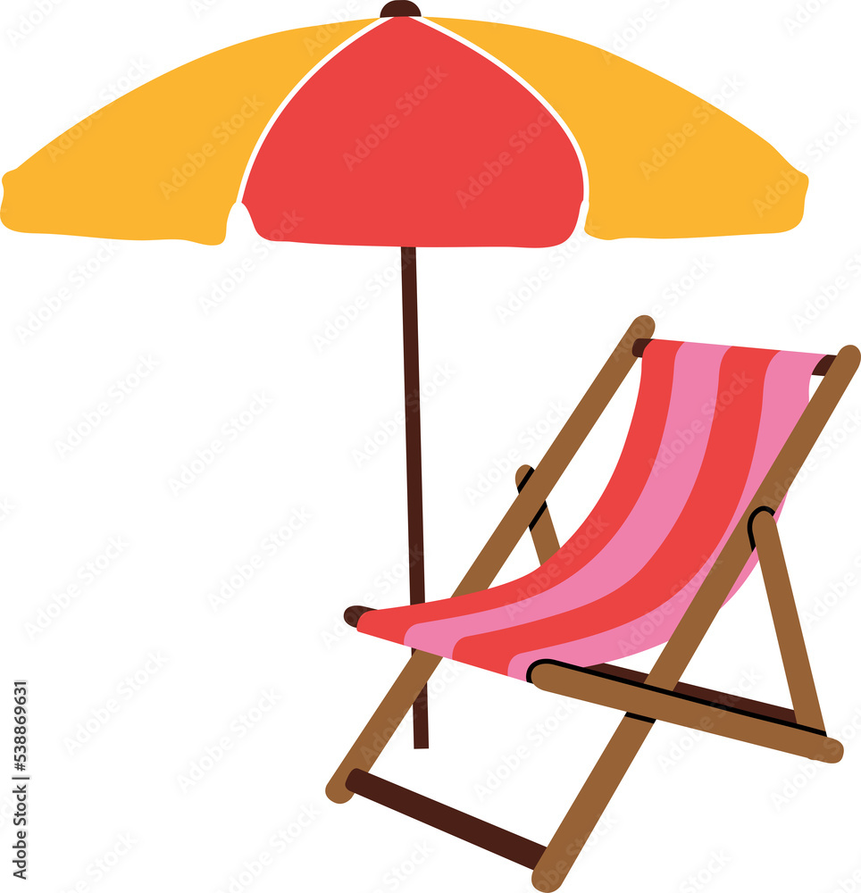 Beach sunbed with umbrella element in modern flat line style. Hand ...