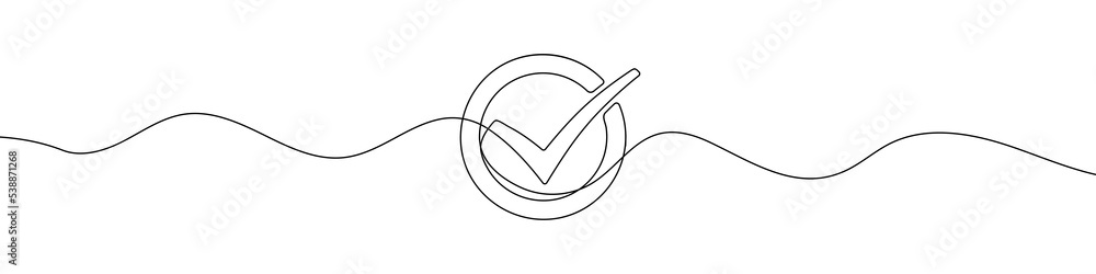Continuous line drawing of check mark. Tick one line icon. One line ...