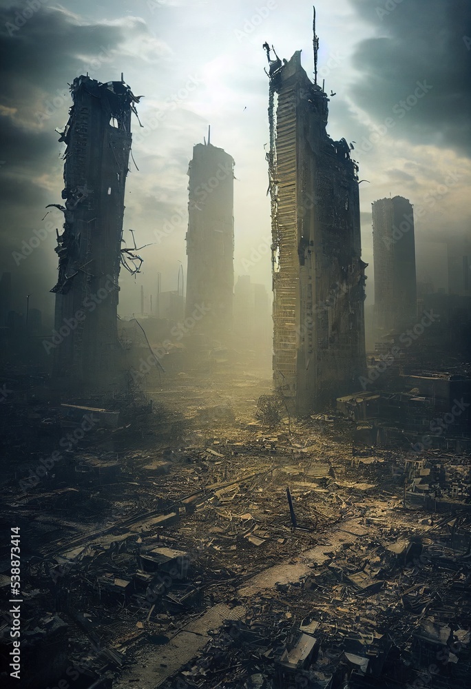A post-apocalyptic ruined city. Destroyed buildings, destroyed roads ...
