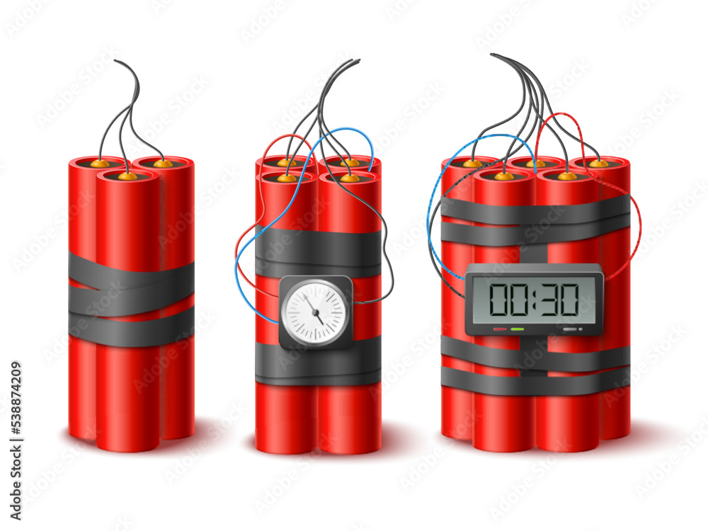 Realistic dynamite. Firecrackers bundles with wick, classic bombs with ...