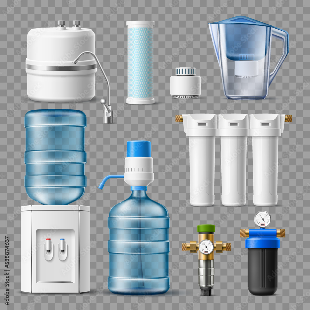 Realistic water filters. Different home drinking water treatment ...