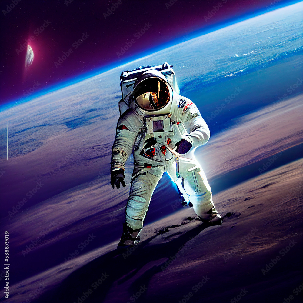 Cartoon style astronaut in space colorful background. High quality 3d ...
