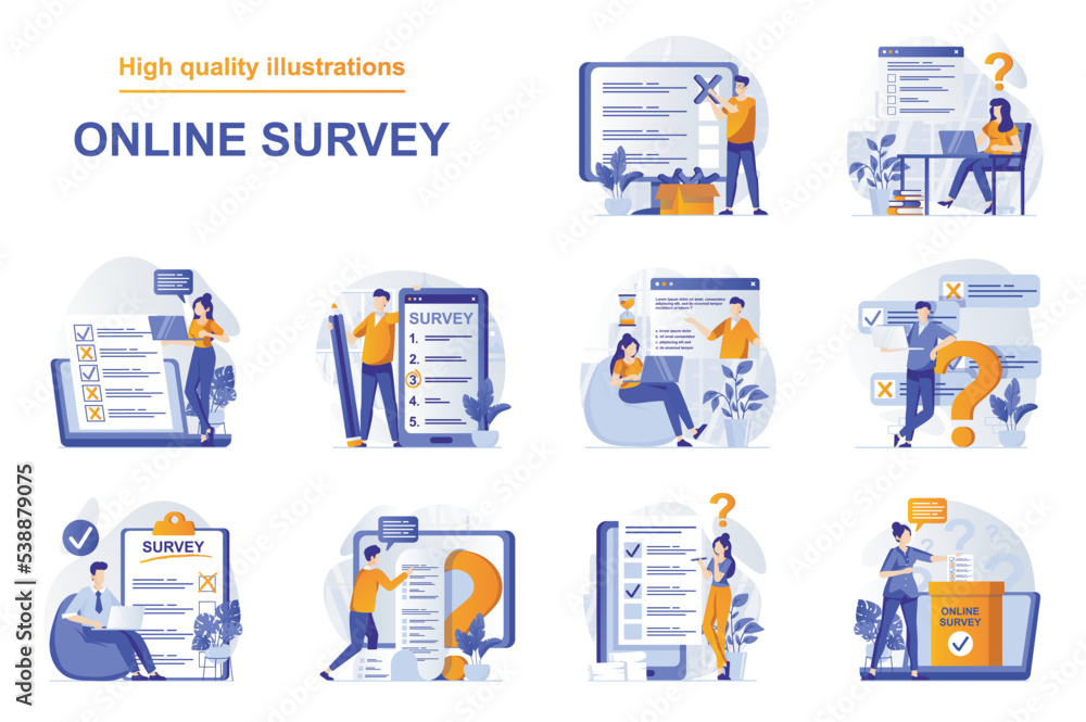 Online survey web concept with people scenes set in flat style. Bundle ...
