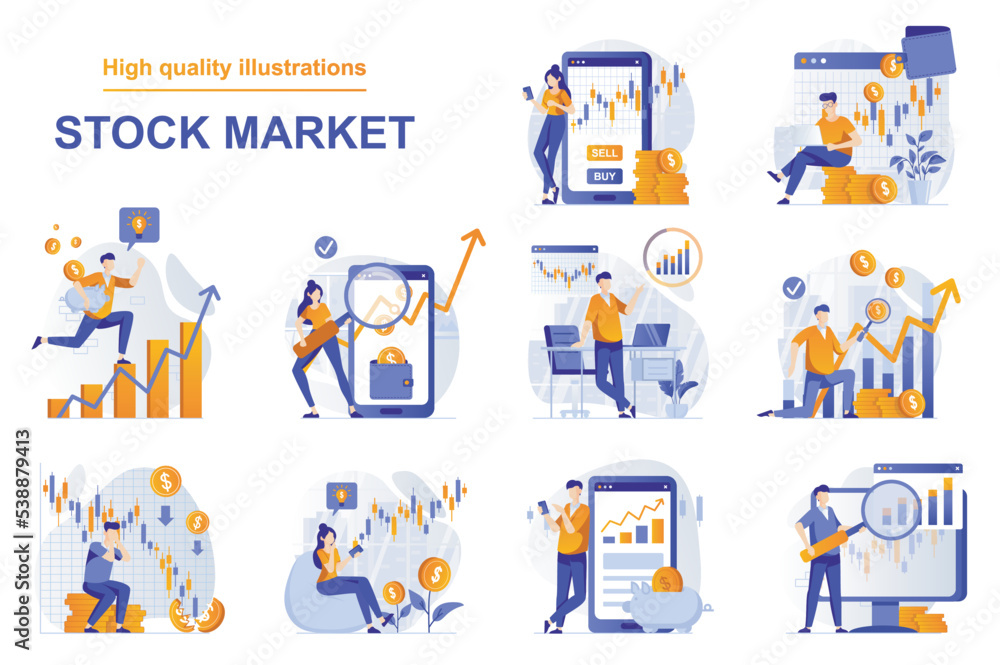 Stock market web concept with people scenes set in flat style. Bundle ...