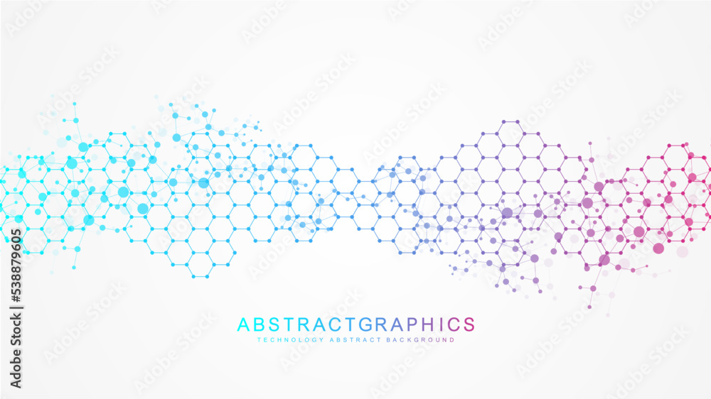Modern scientific background with hexagons, lines and dots. Wave flow ...