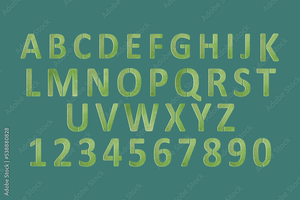 grunge green alphabet and number paper cut on dark green background ...