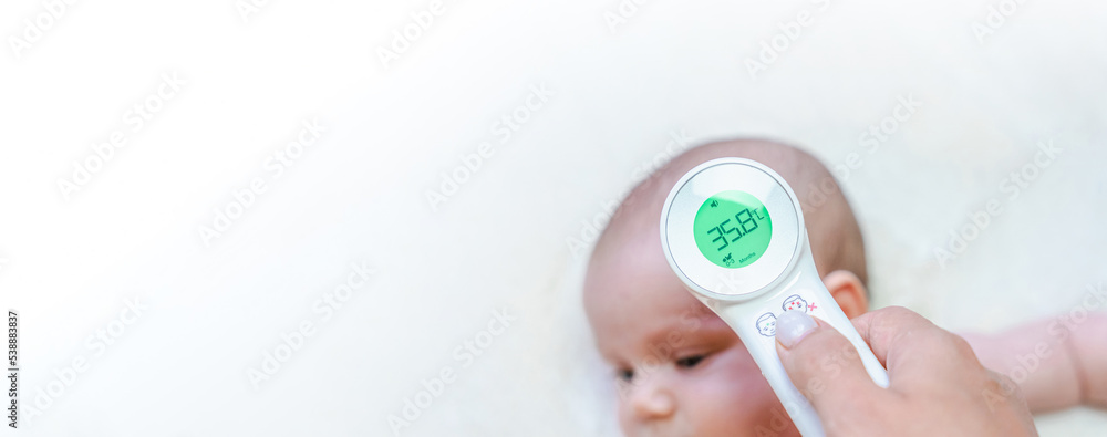 Electronic thermometer fever kid banner. Doctor check cold flu baby ...