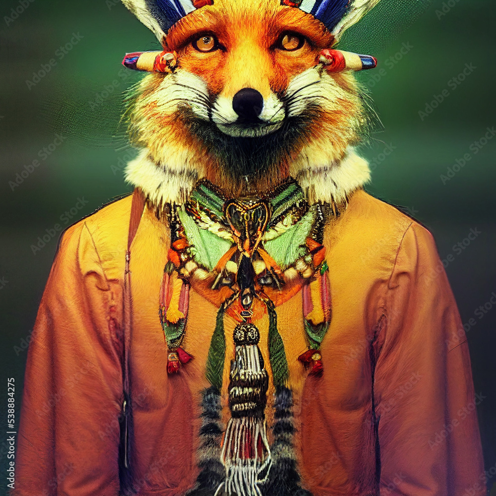 Red tribal fox portrait. Vintage hand drawn illustration for t-shirt ...