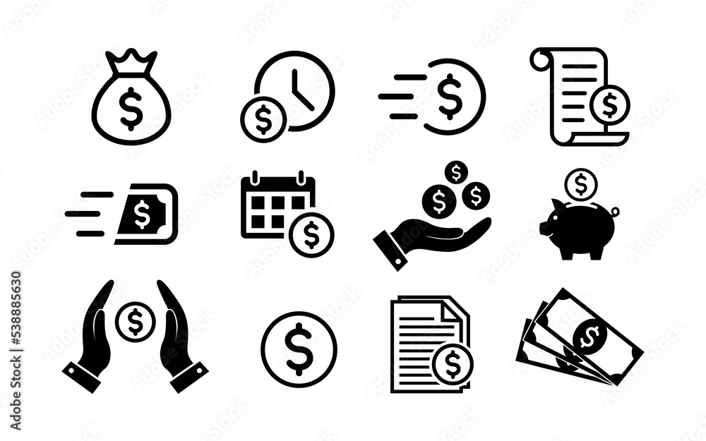 Vetor de Money icon set in flat style. Money bag, coins and dollar ...