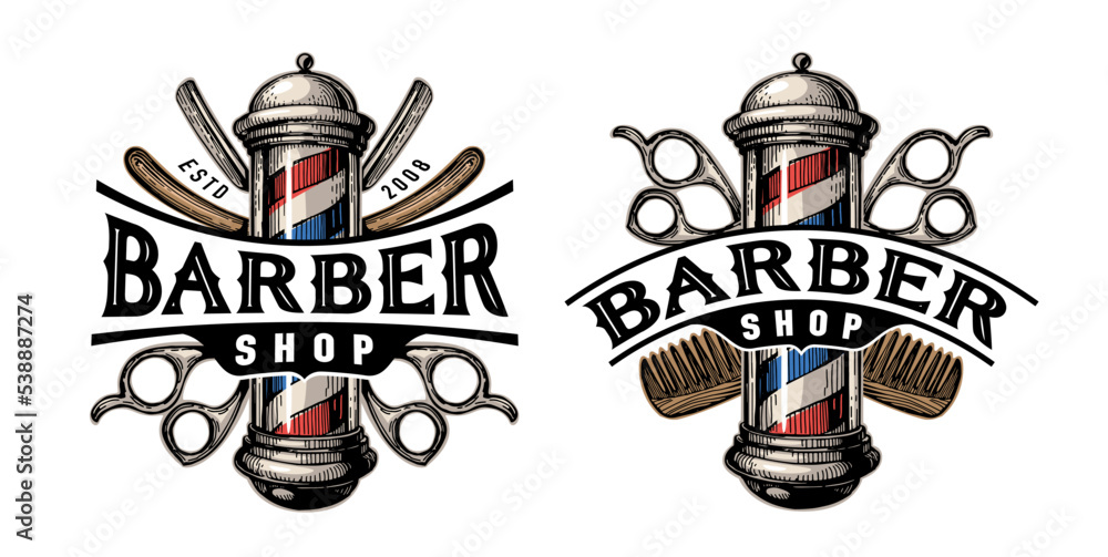 Barbershop emblem or badge. Barber pole, male beauty salon logo. Vector ...