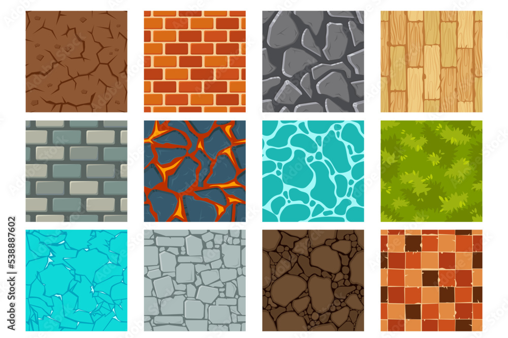 Game ground seamless pattern set, cartoon land top view texture, stone ...