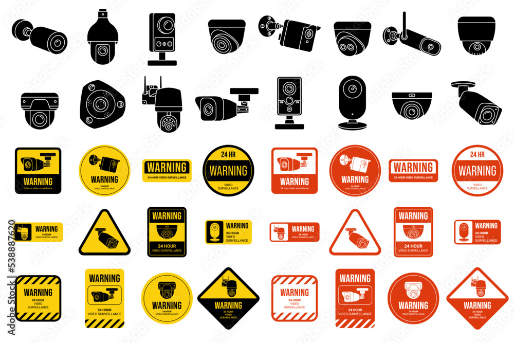 Cctv cameras sign set. Emblems of warning, surveillance security, video ...