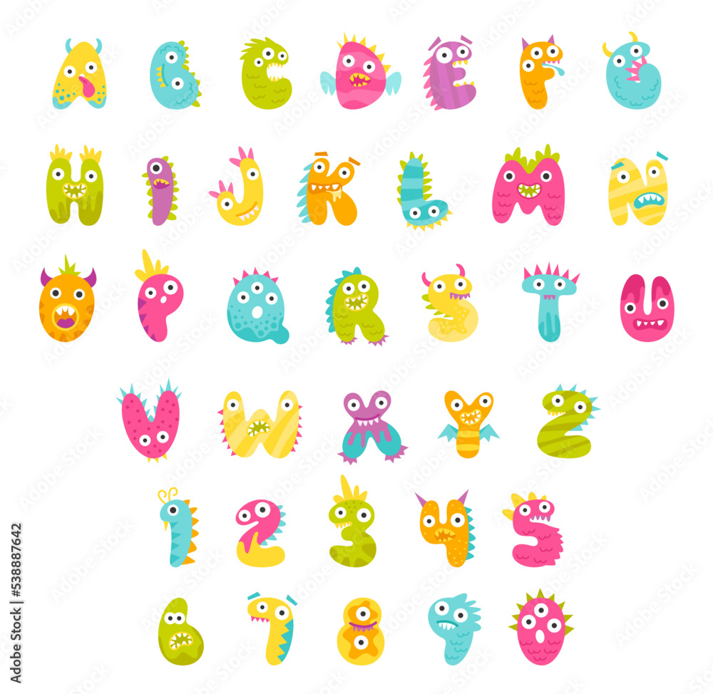 Cute and funny monster alphabet and numbers set. Children cartoon ...