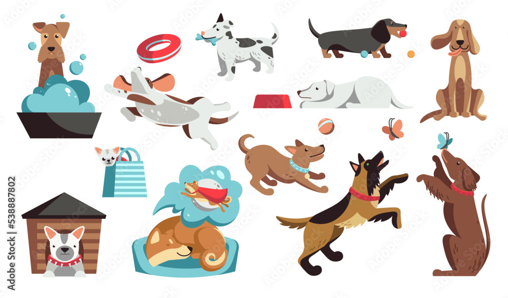 Set of funny cartoon dogs sleeping, playing, eating, barking and ...